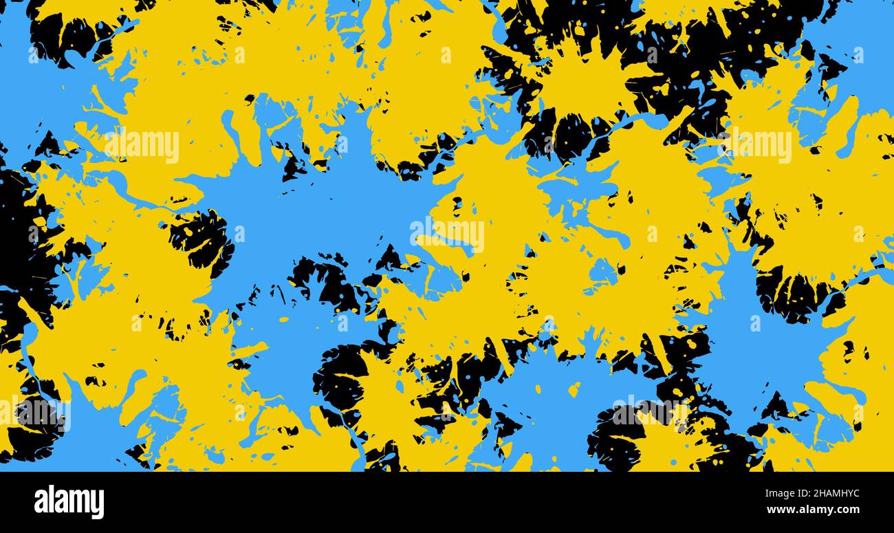 Digital composite image of blue and yellow abstract pattern on black ...