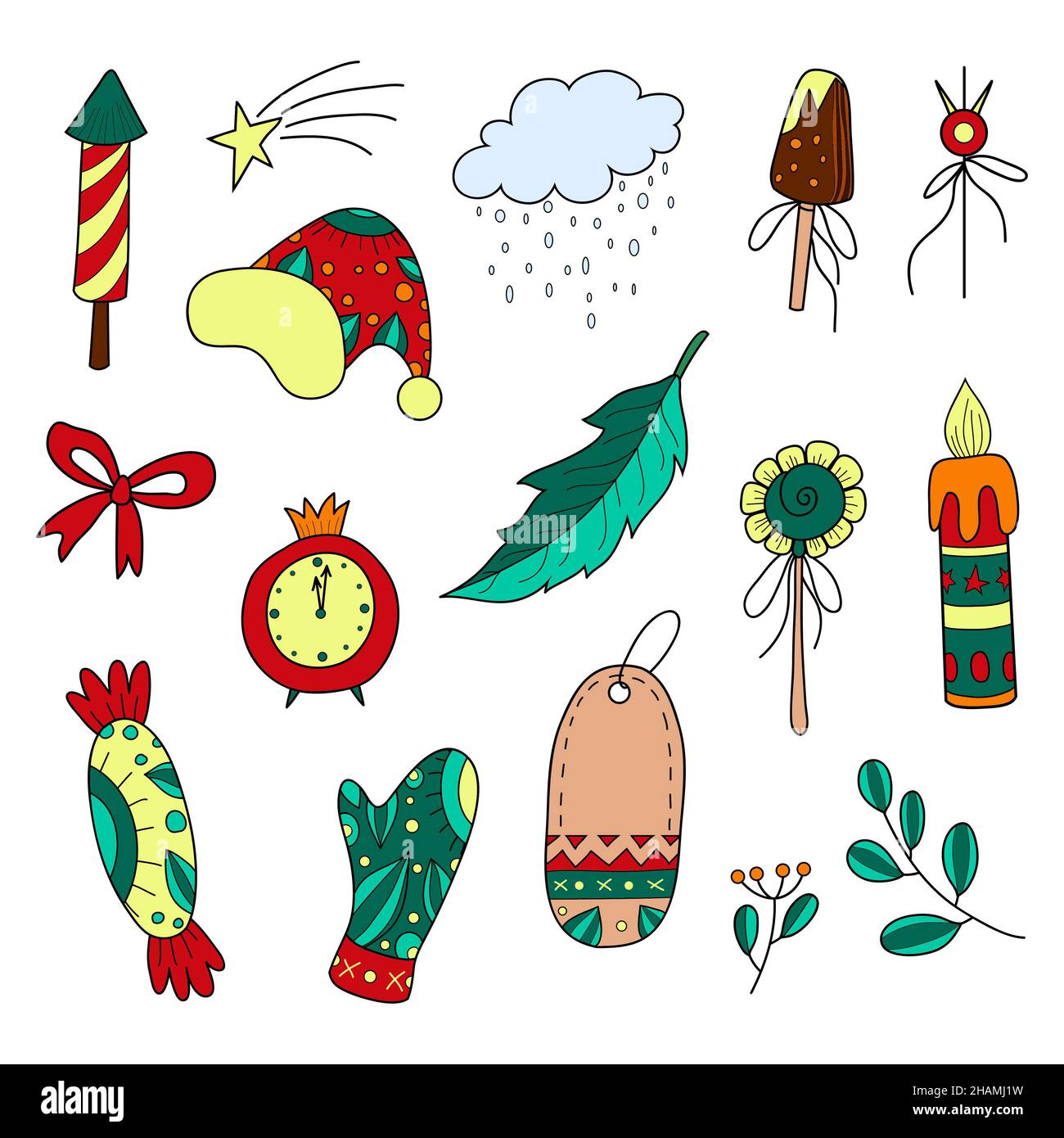 A set of Christmas icons for design,ribbon, alarm clock, label, glove ...