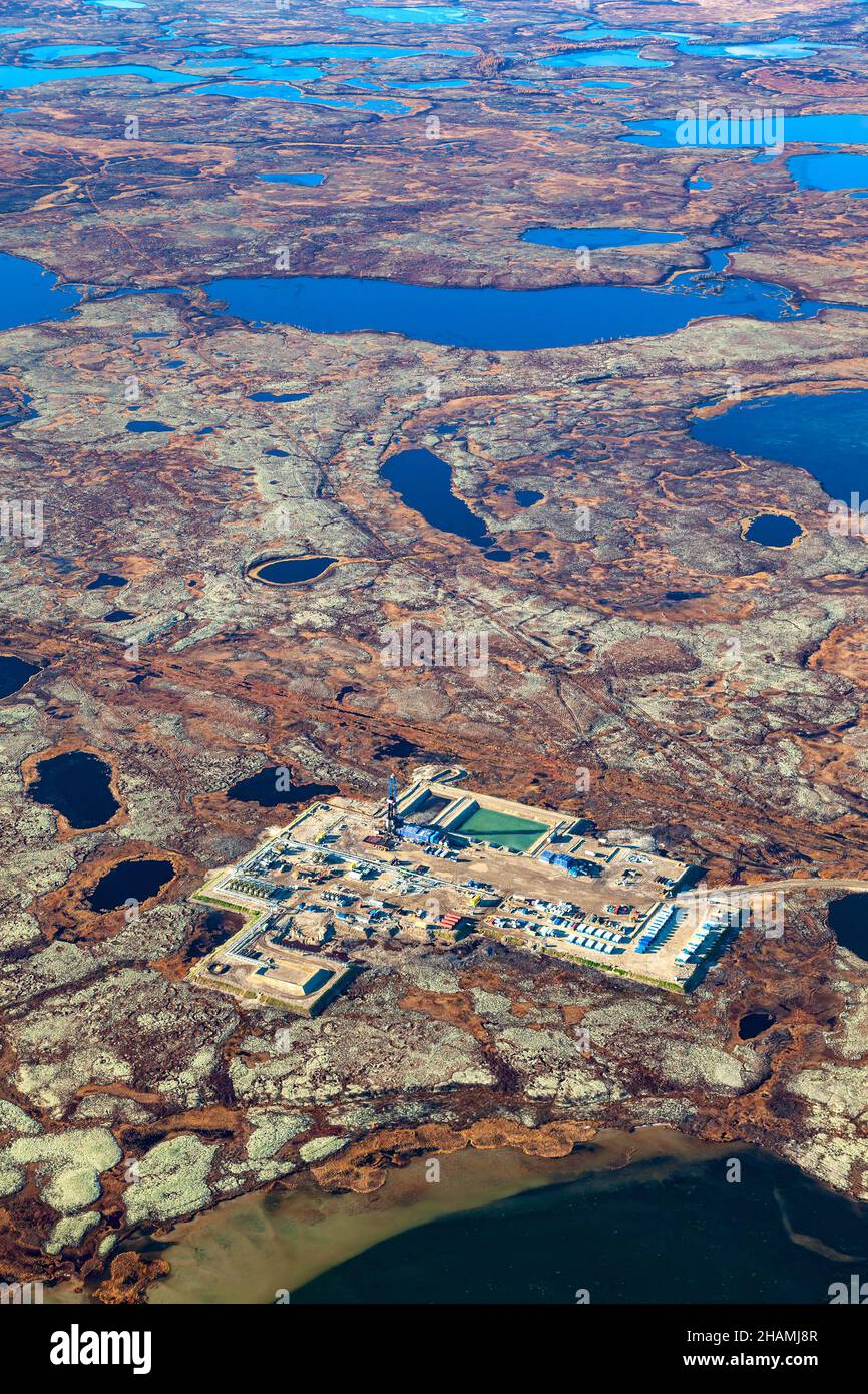 Aerial view of the tundra in autumn. Oilfield in marsh terrain ...