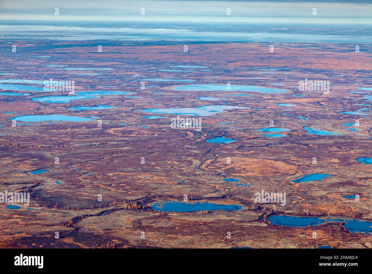 Aerial view of the tundra in autumn. Oilfield in marsh terrain under ...