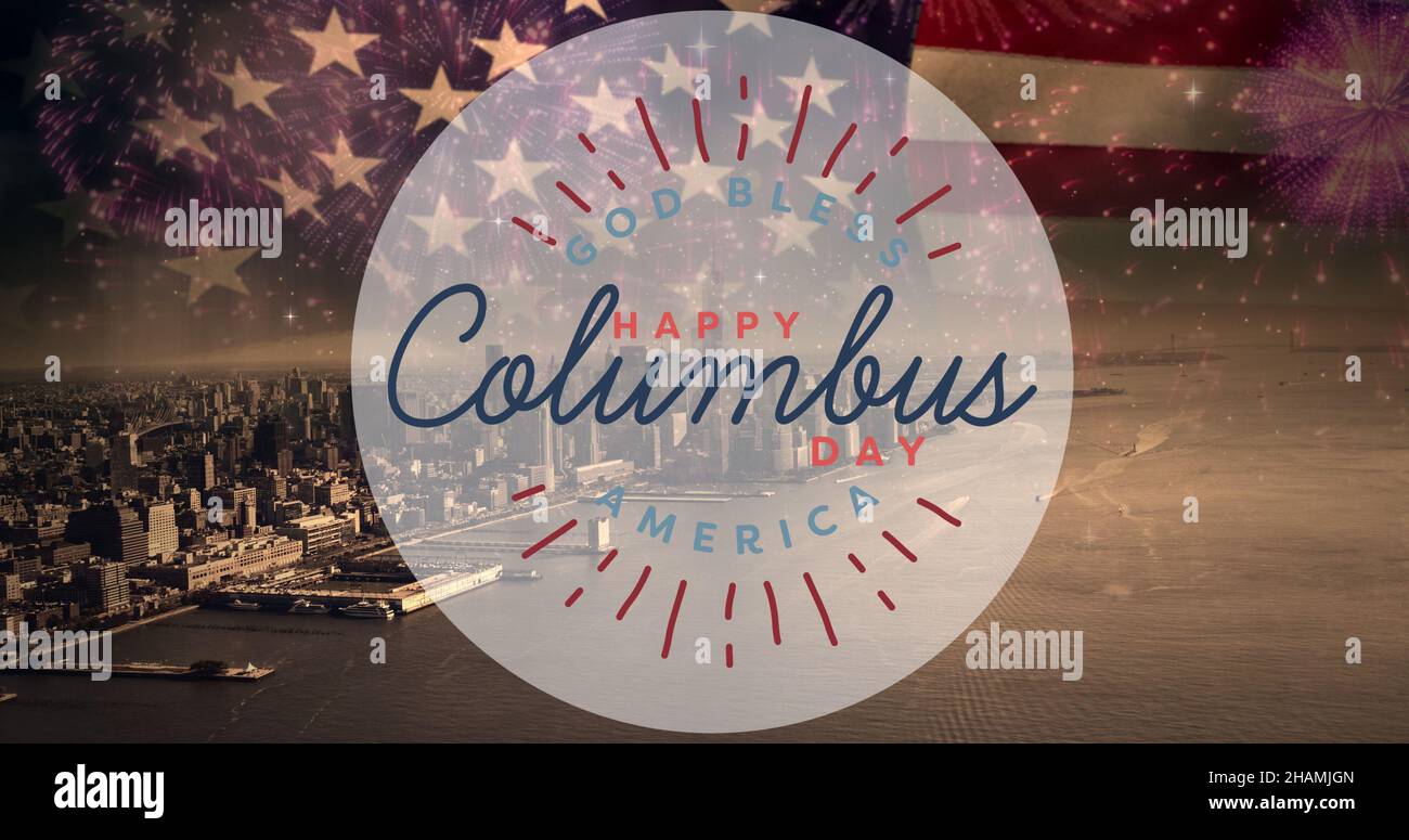 Multiple exposure of columbus day symbol over american flag and coastal ...