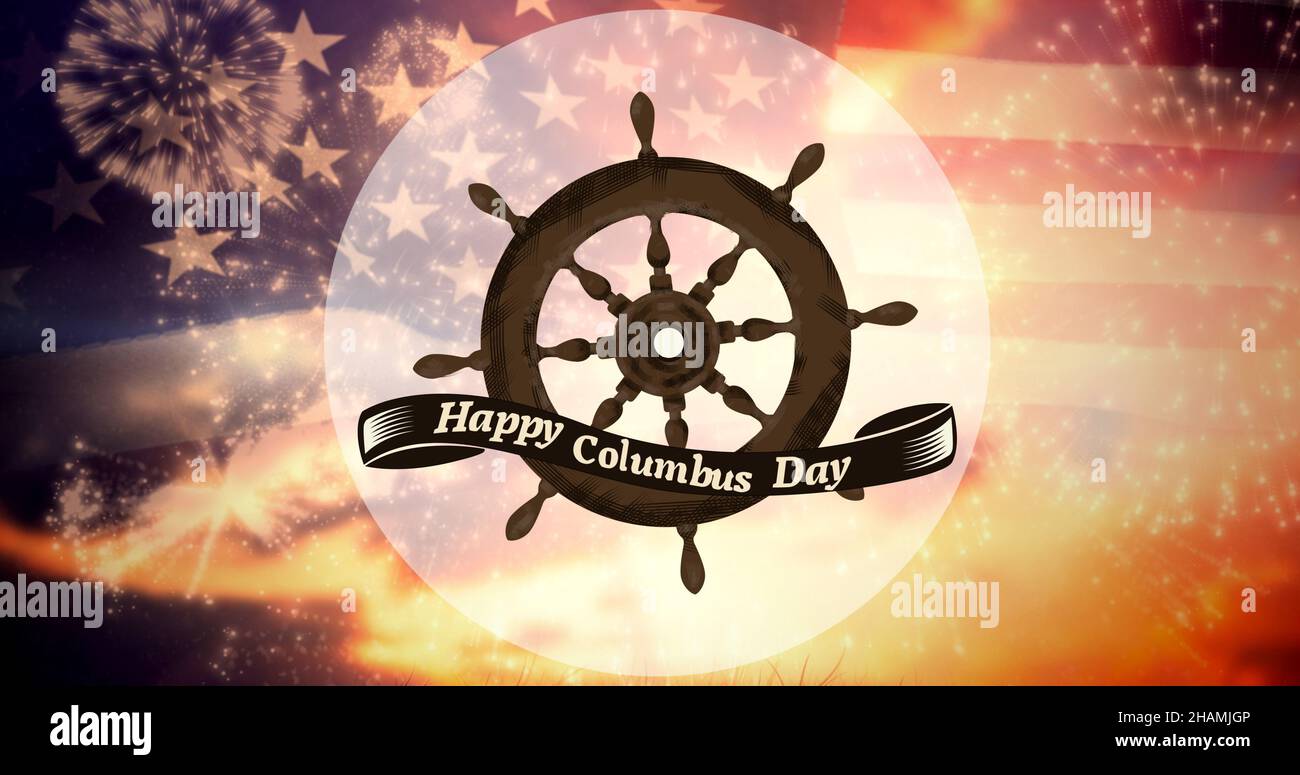 Digital composite image of happy columbus day with ship's wheel symbol ...