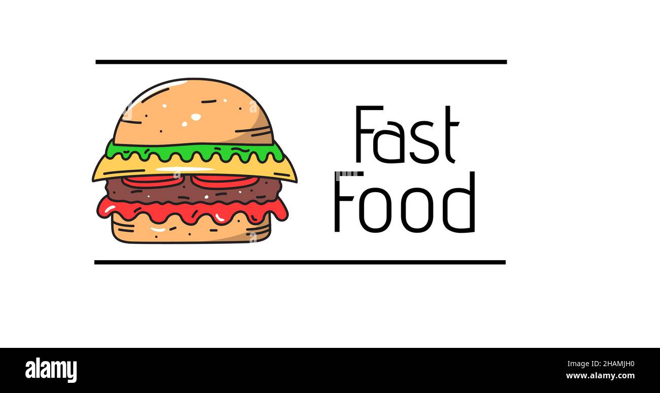 Digitally generated image of fast food text with burger against white ...