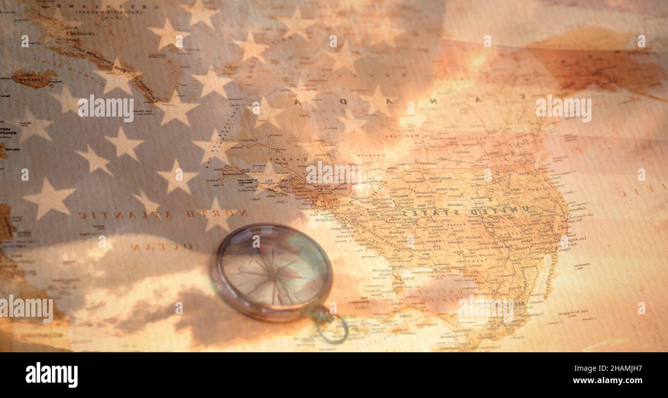 Double exposure of compass with american flag and map Stock Photo - Alamy