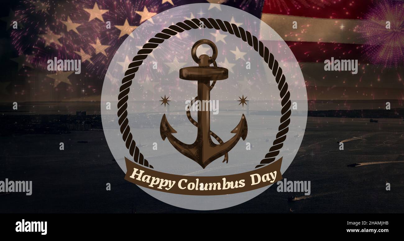 Multiple exposure of columbus day with anchor symbol over american flag ...