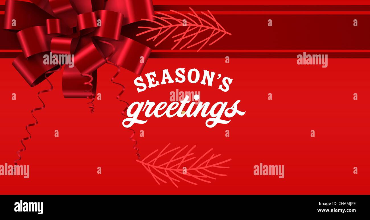 Season's greetings text in white on red gift box with ribbon and copy ...