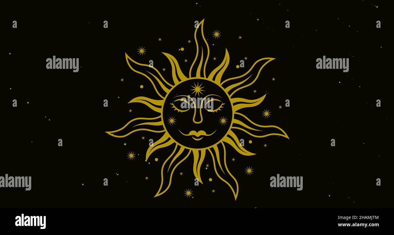 Digital composite image of yellow anthropomorphic face on sun with rays ...