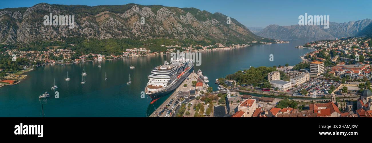 Wonderful view of the city of Kotor and the docked cruise ship in the ...