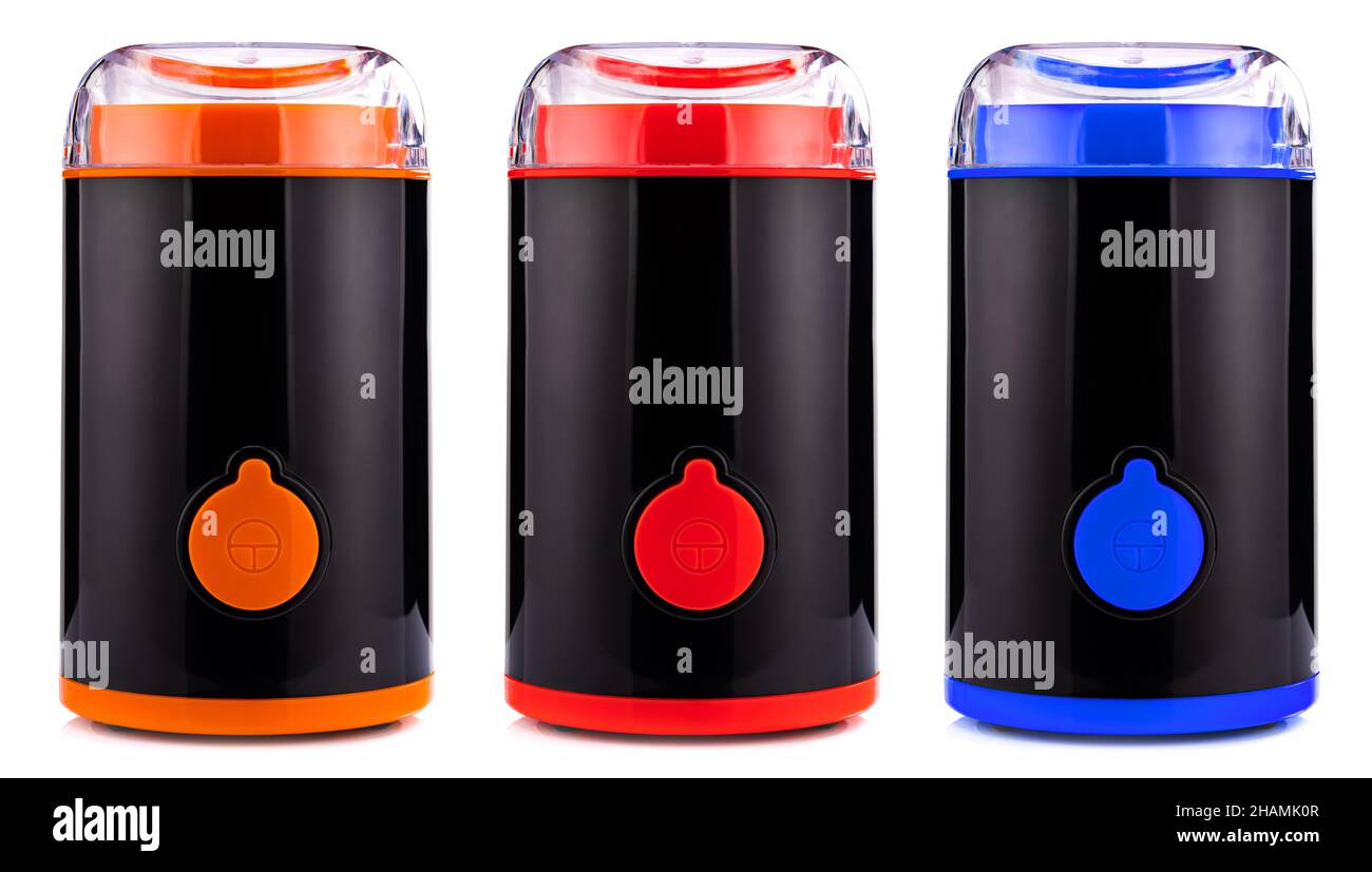 electric coffee grinders isolated on white background. Red, orange and ...
