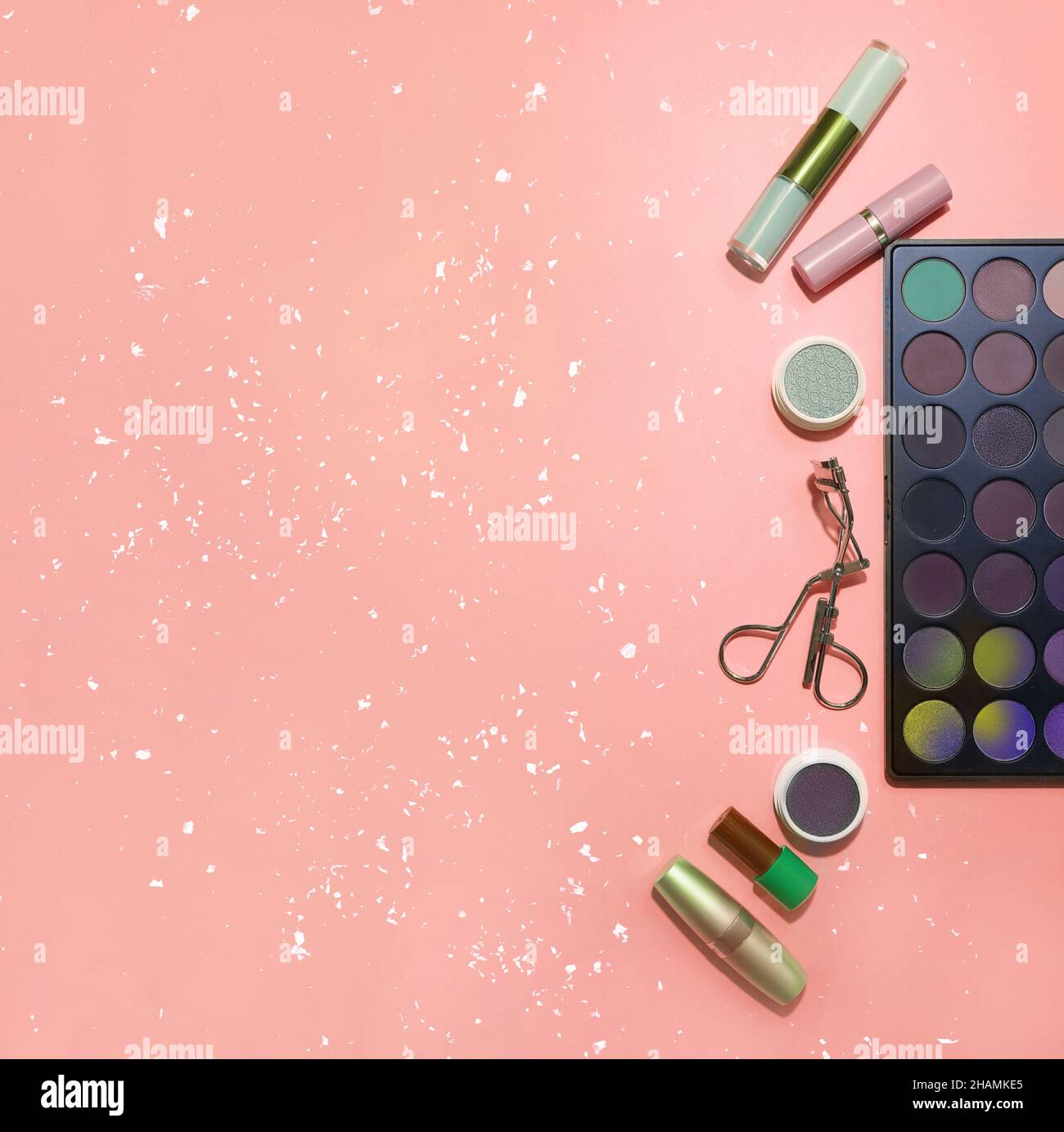 Decorative cosmetics, top view. Make-up with professional cosmetics, on ...