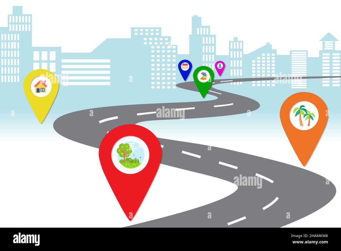 Design template of a city timeline infographic locations icons Stock ...
