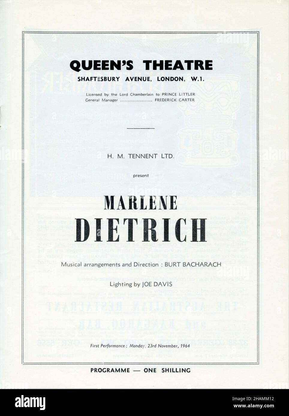 Inside Title Page of Programme for MARLENE DIETRICH appearing in ...