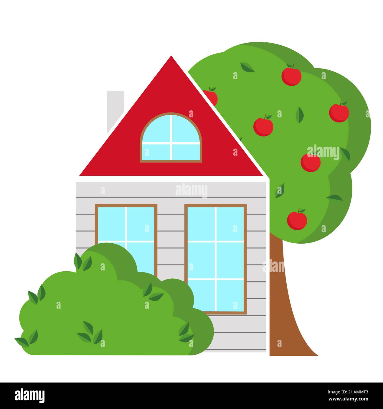 Simple rural wooden house with apple tree and bush Stock Vector Image ...
