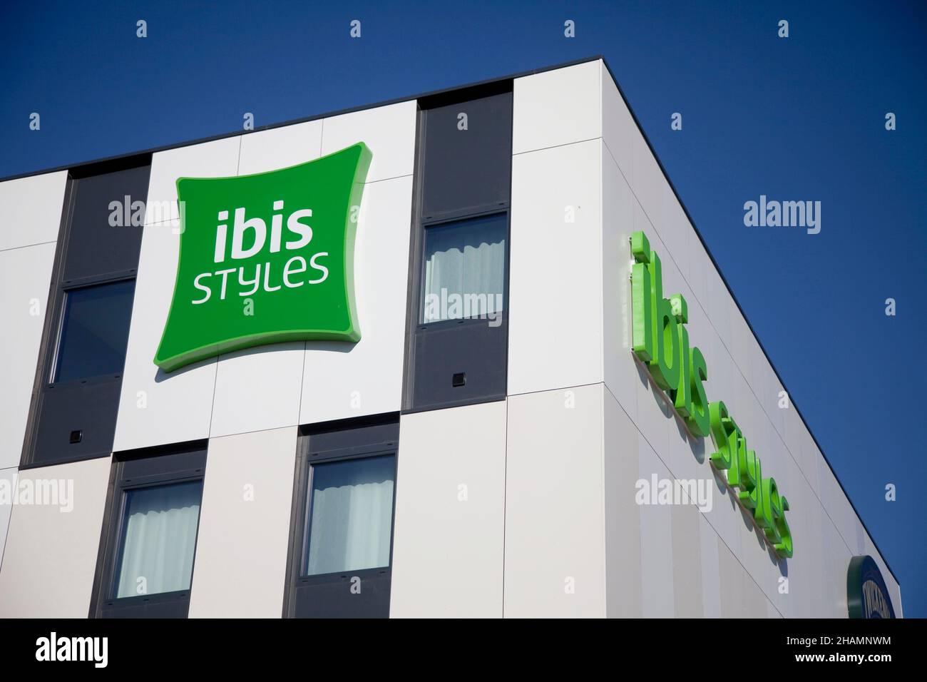 Logo of Ibis Styles on the hotel facade in Castelnaudary (south of ...