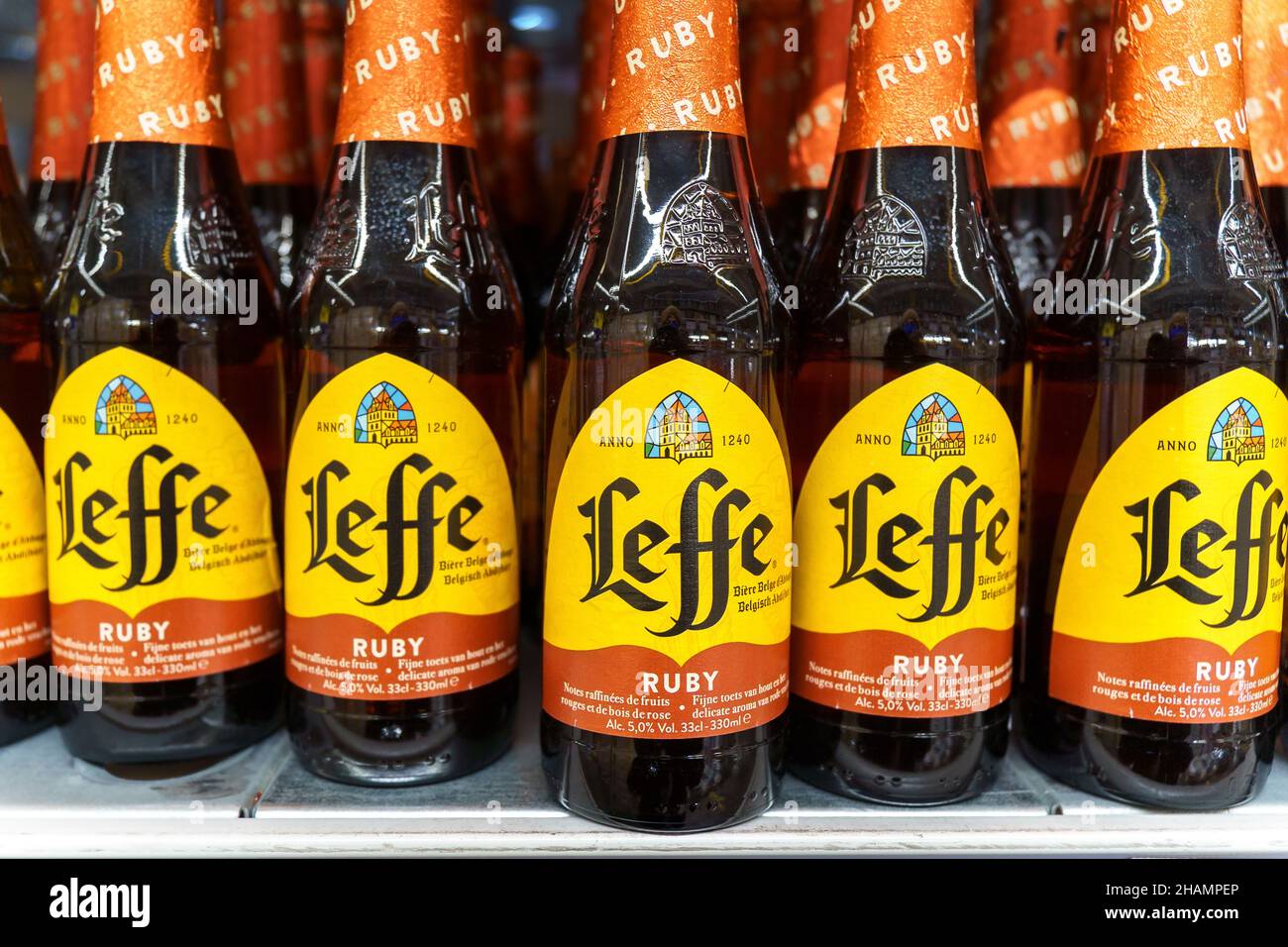 Tyumen, Russia-December 02, 2021: Leffe beer. Leffe is made by Abbaye ...