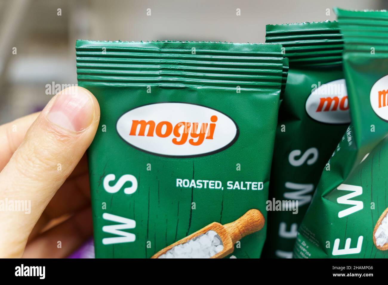 Tyumen, Russia-December 02, 2021: Packet of Mogyi logo close up. Buying ...