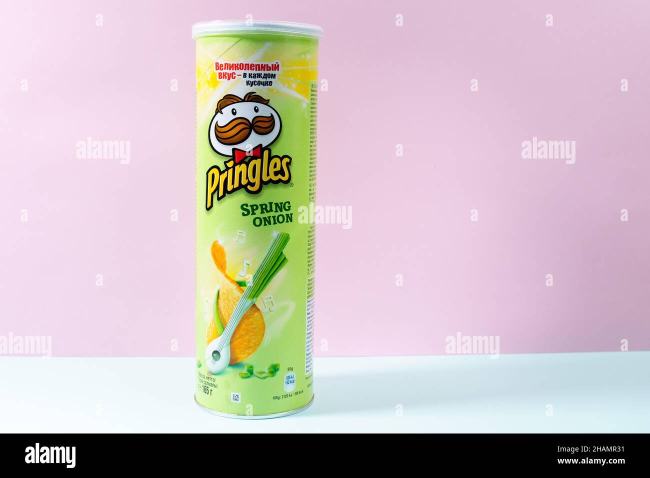 Tyumen, Russia-October 15, 2021: Pringles chips spring onion. Owned by ...