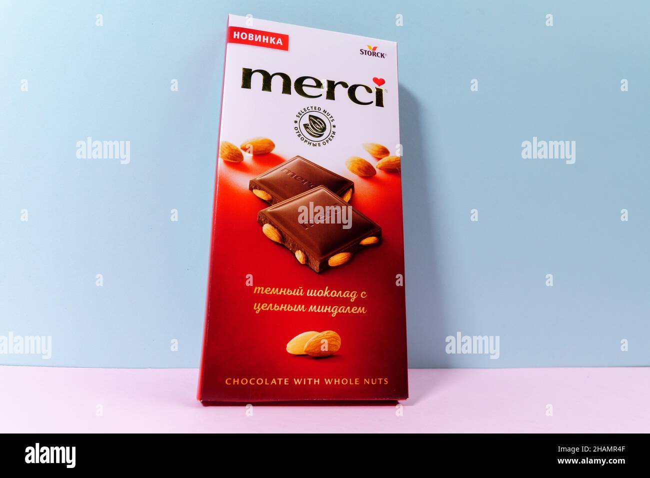 Tyumen, Russia-October 15, 2021: Merci is a brand dark chocolate with ...