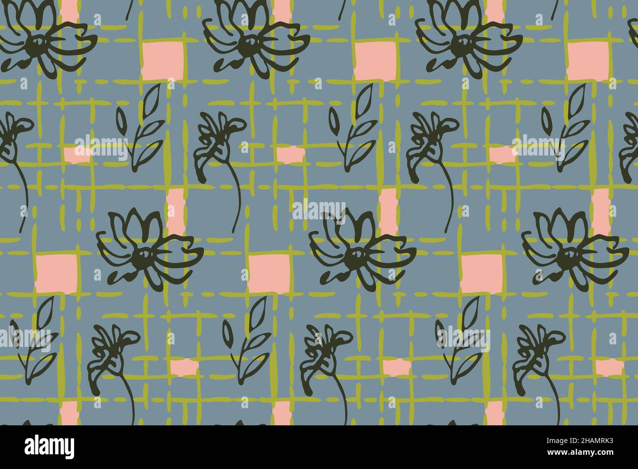 Floral doodle ink stroke seamless pattern. Geometrical grid, hand drawn ...