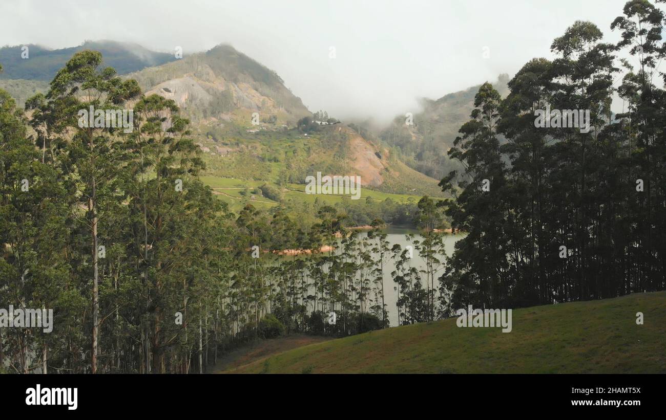 Aerial view beautiful nature with mountains and hills by Lake ...