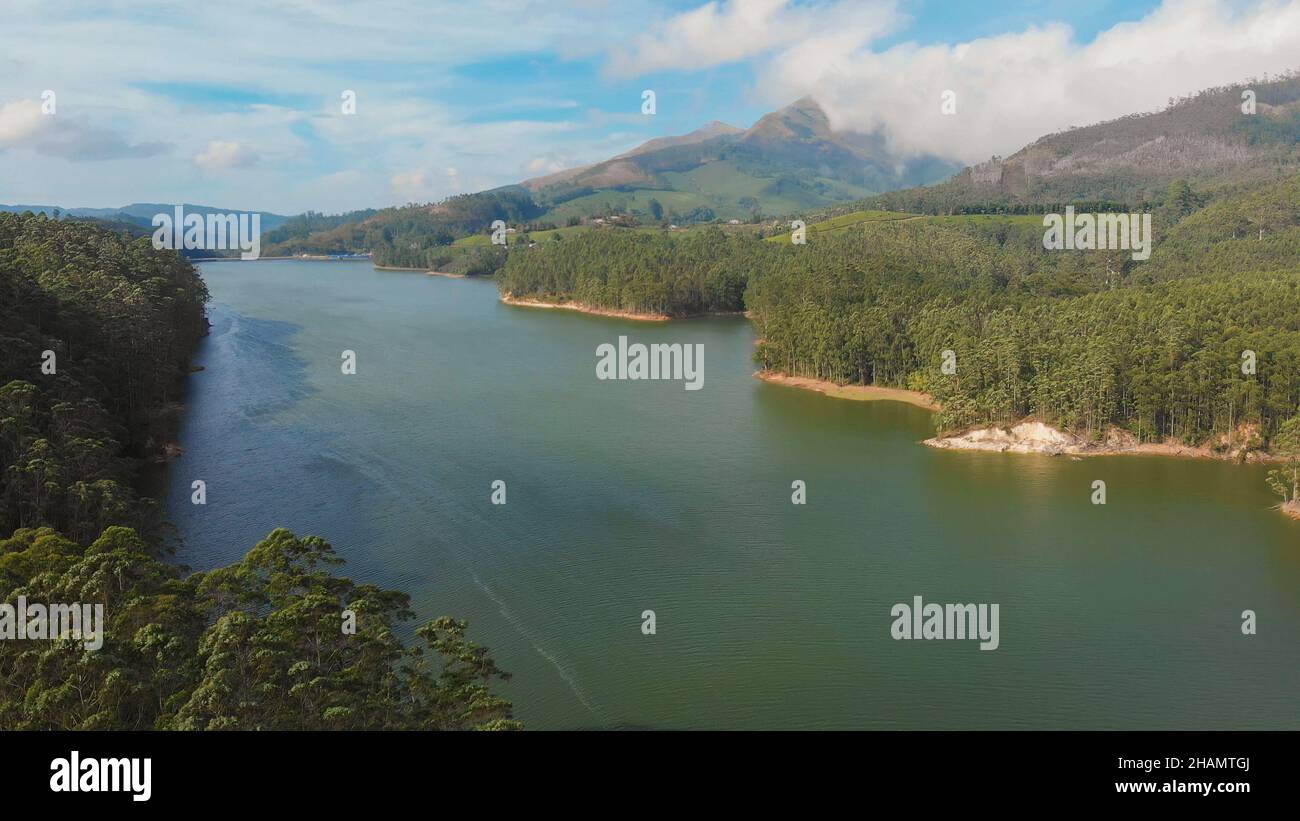 Aerial view beautiful nature with mountains and hills by Lake ...