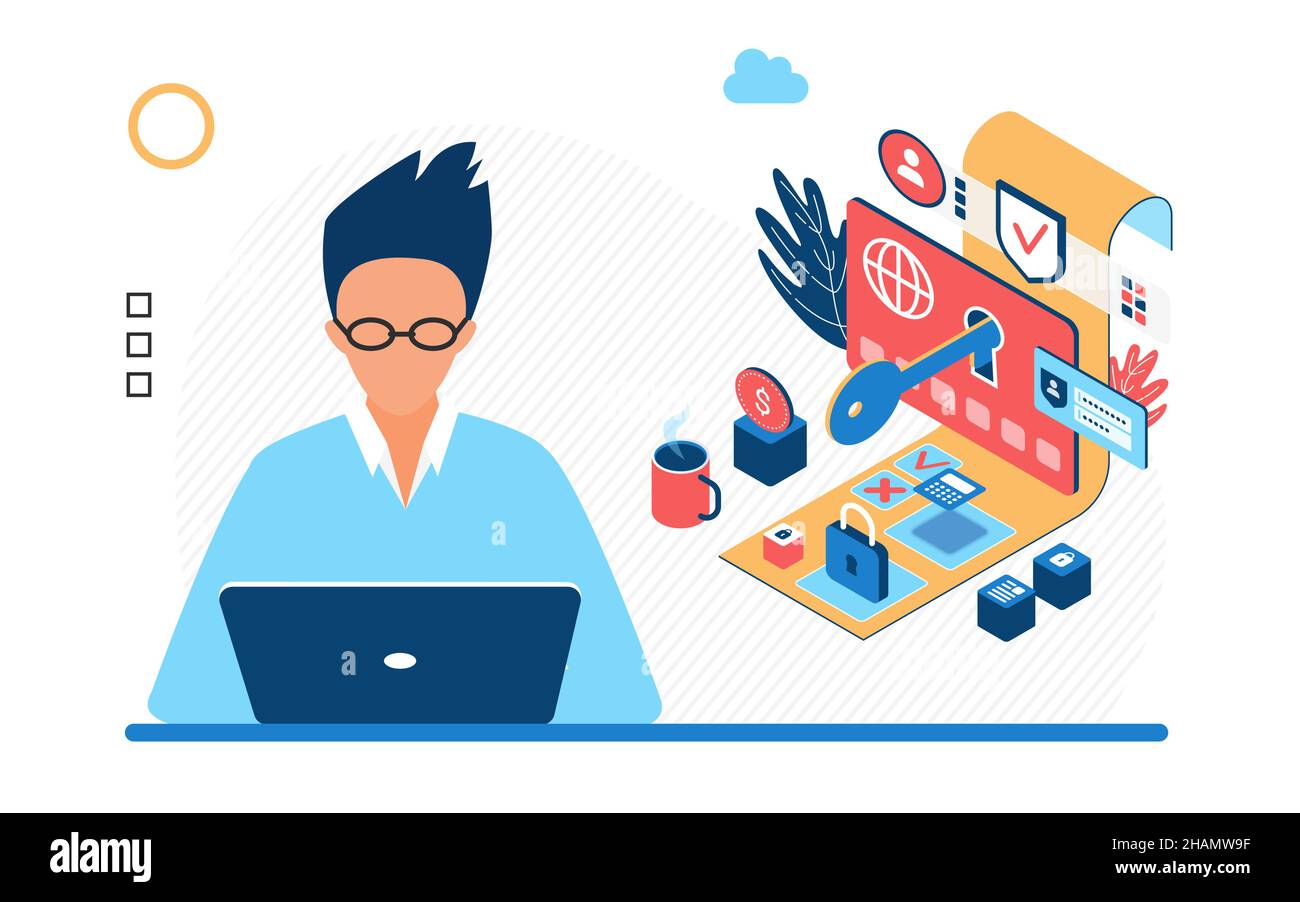 Vector illustration of cartoon male developer character working on ...