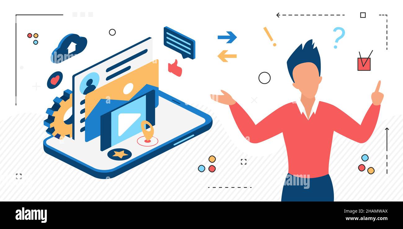 Isometric vector illustration of cartoon male social media manager ...