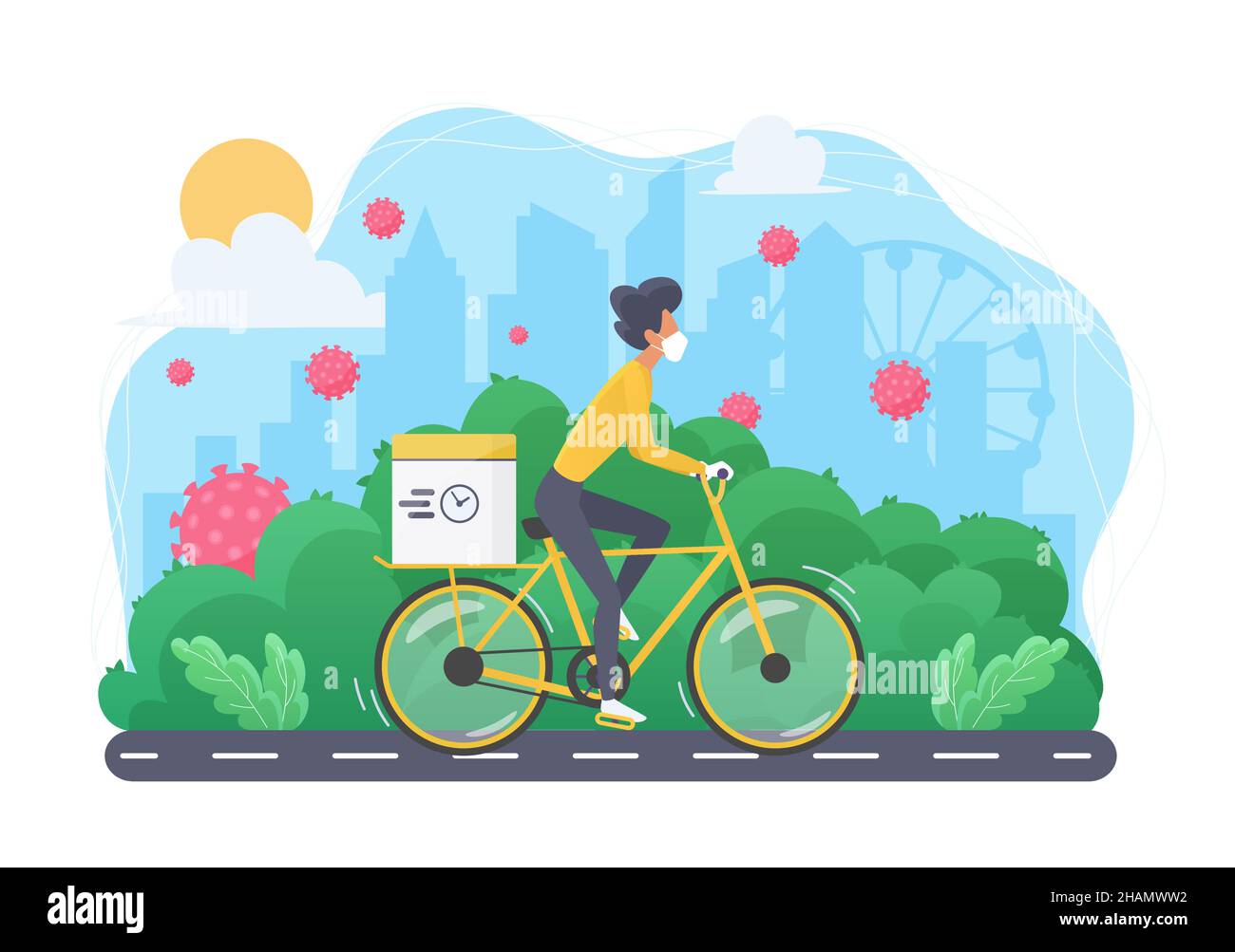 Pandemic safe express service and products delivery. Courier on bicycle ...