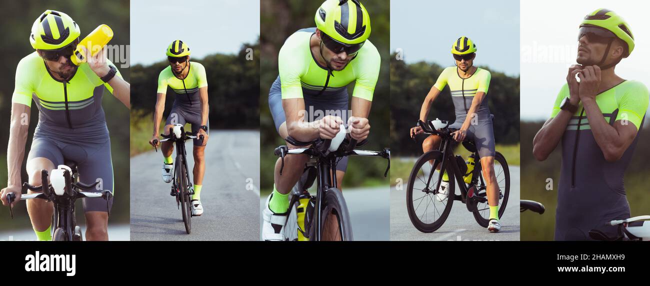 Set of images of triathlon male athlete cycle training isolated on open ...
