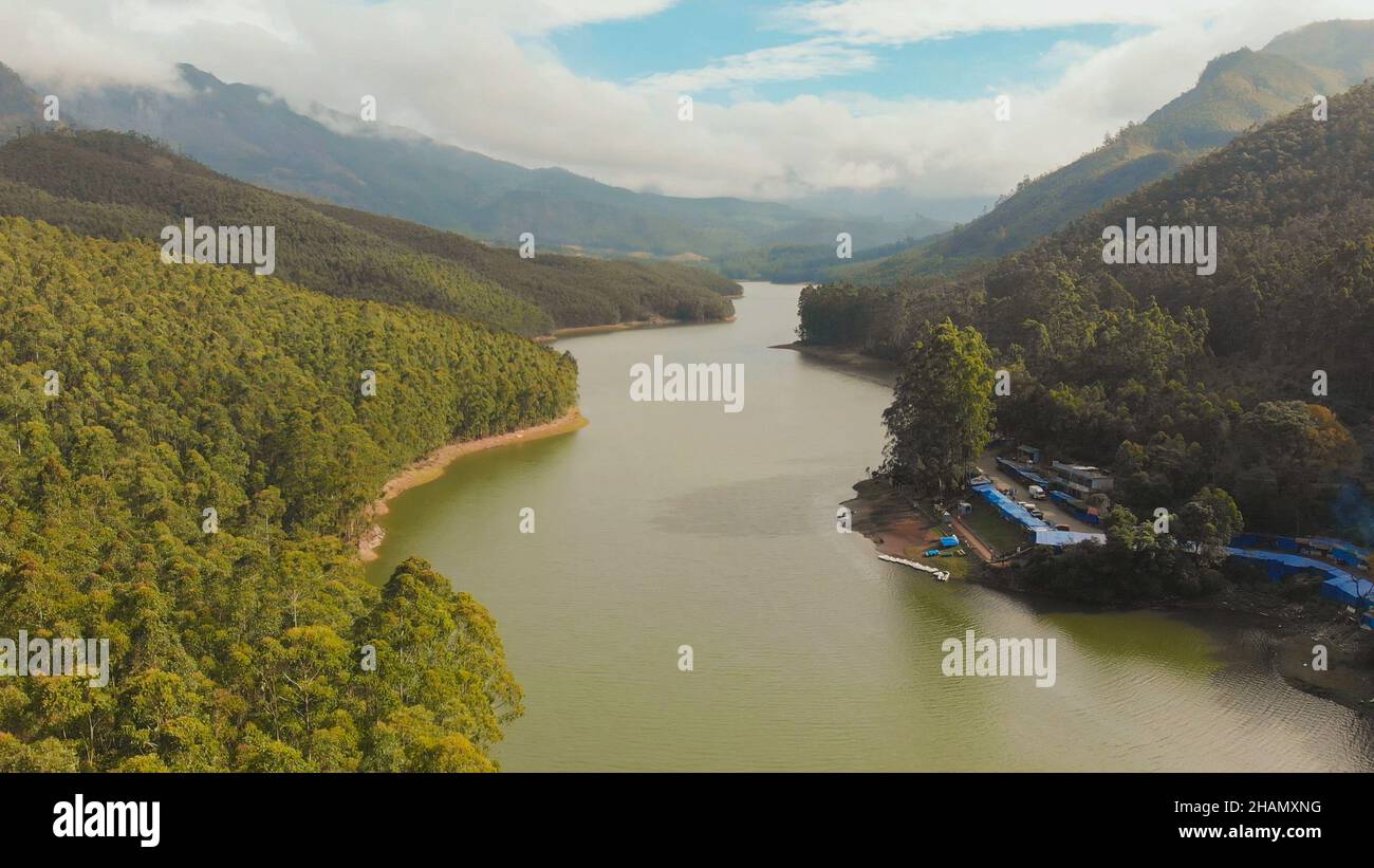 Aerial view beautiful nature with mountains and hills by Lake ...