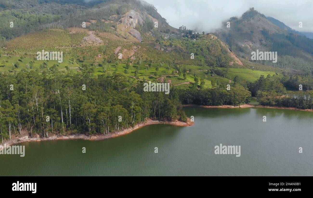Aerial view beautiful nature with mountains and hills by Lake ...