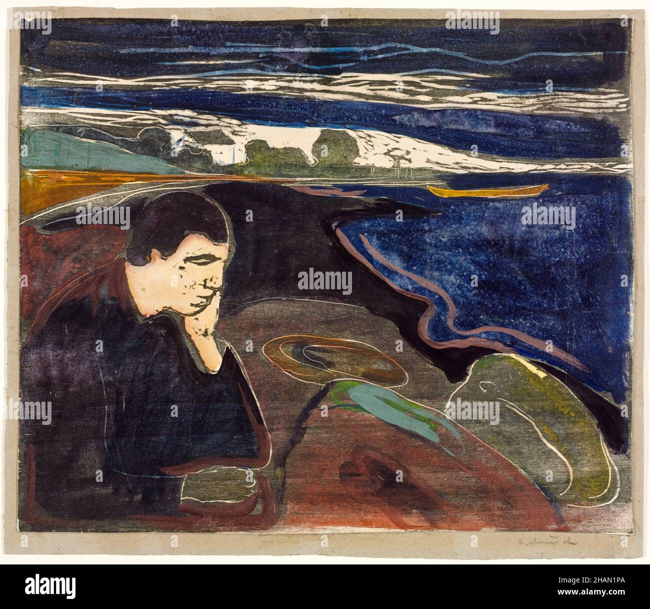 Edvard Munch, Evening: Melancholy I, woodcut print, 1896-1901 Stock ...