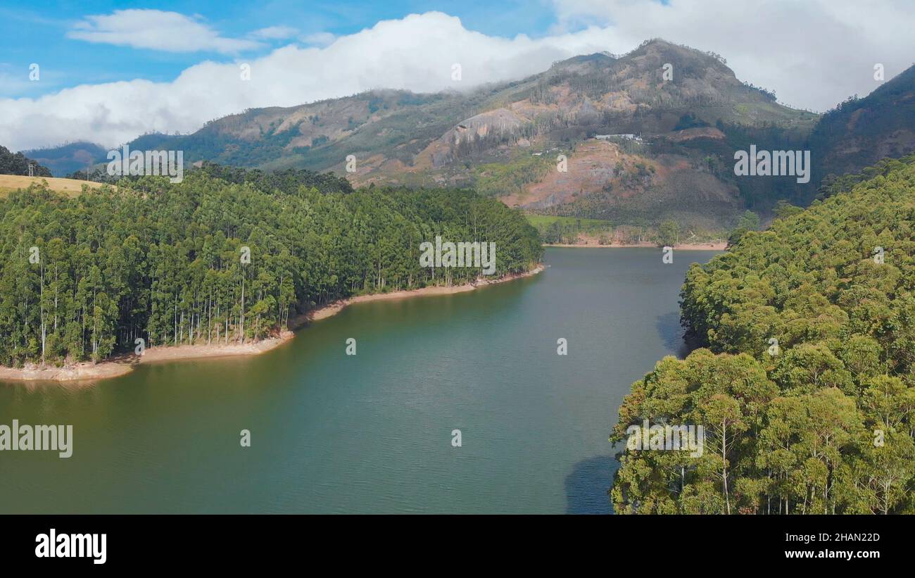 Aerial view beautiful nature with mountains and hills by Lake ...