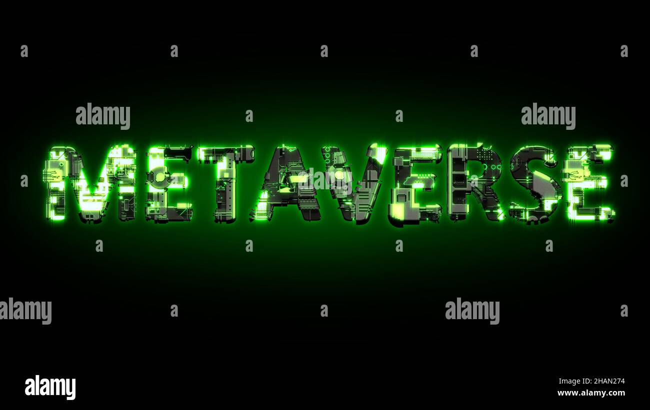 Metaverse glowing dark green cyber text on black, isolated - industrial ...