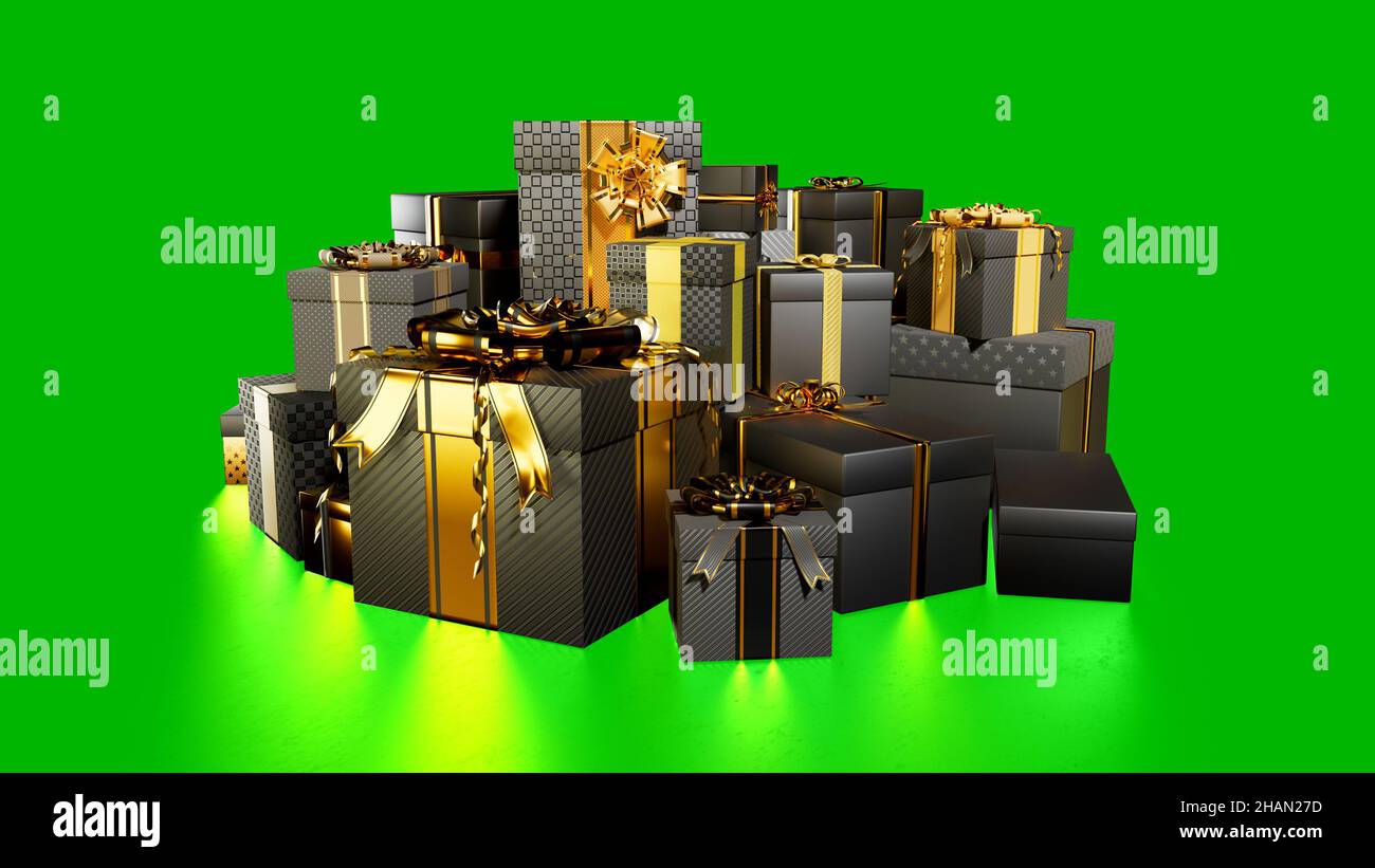 black pile of surprise gift boxes with reflection on chroma key screen ...