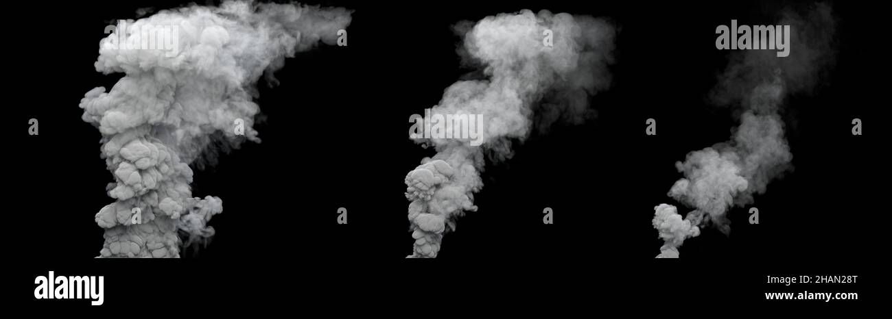 3 white contamination smoke columns from volcano on black, isolated ...