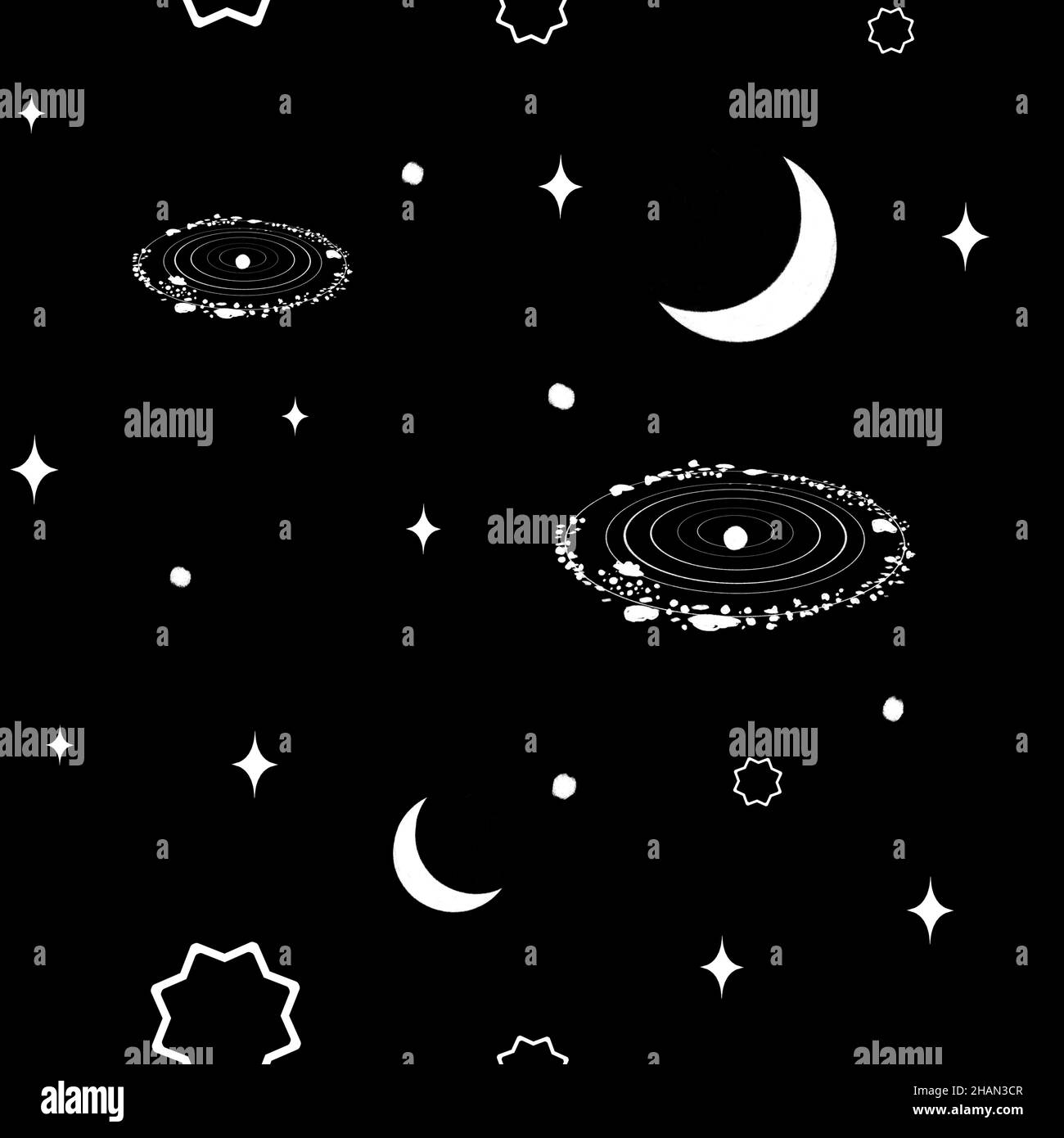 Stars, moon and solar system on black background Stock Photo - Alamy