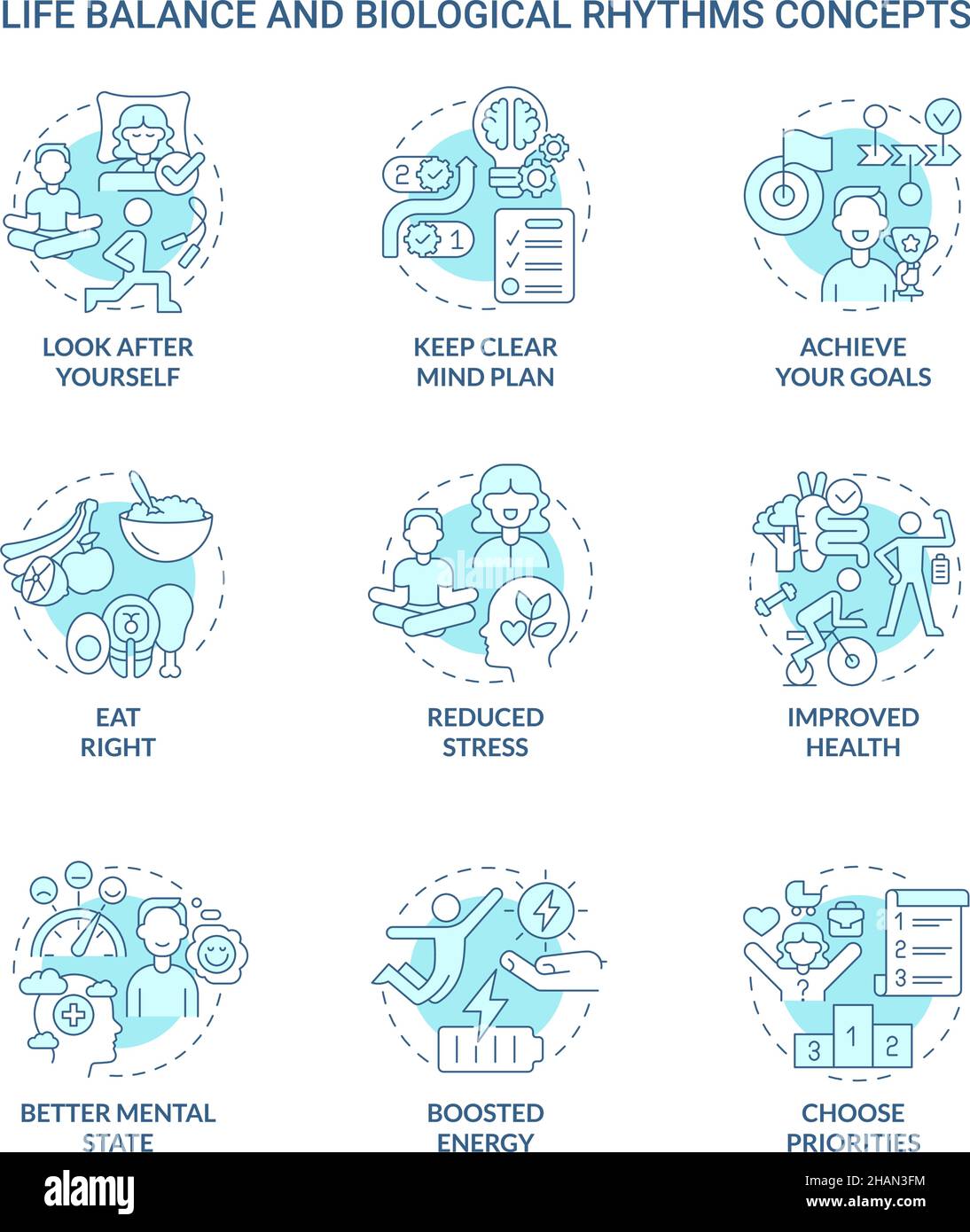 Life balance and biological rhythms turquoise concept icons set Stock ...