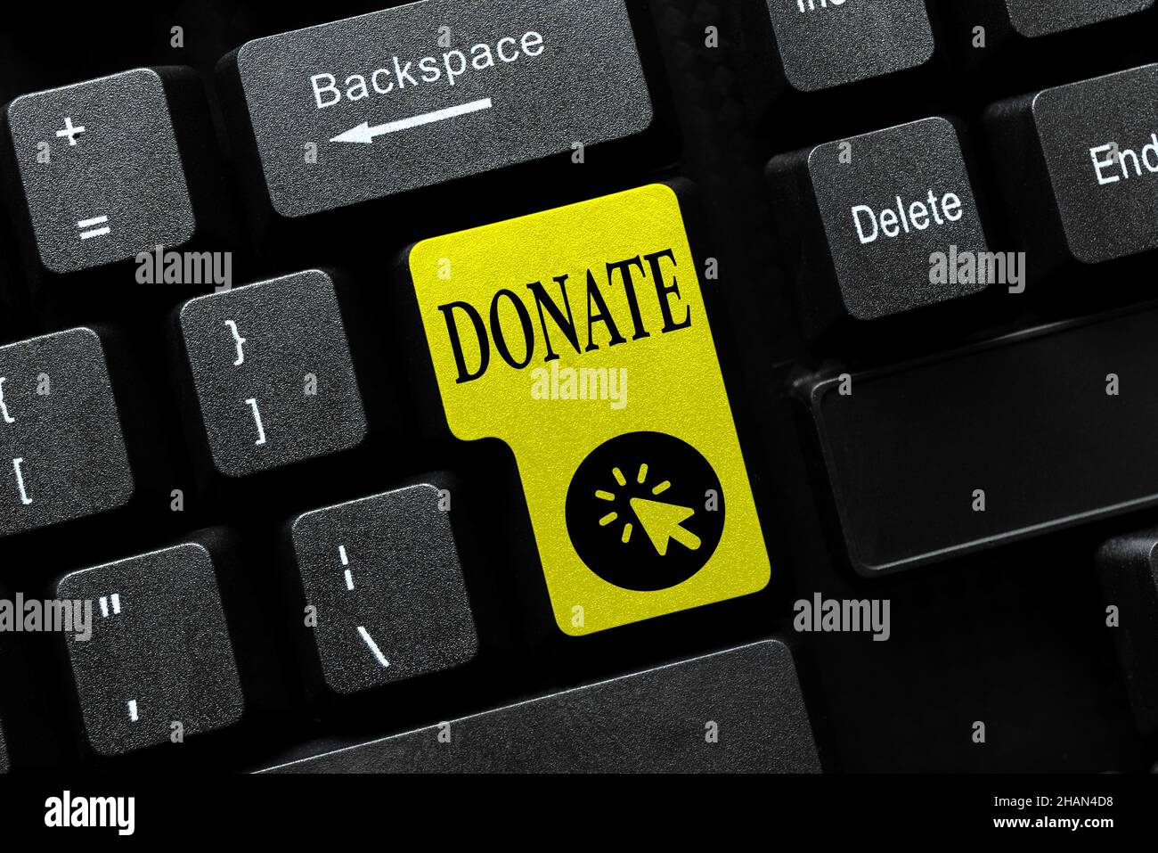 Text caption presenting Donate. Business idea give money or goods for ...