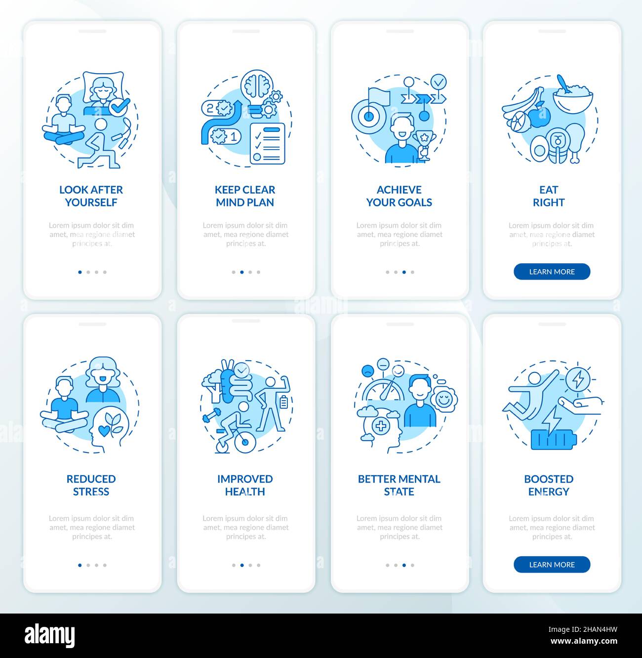 Life balance and biorhythms blue onboarding mobile app screen set Stock ...