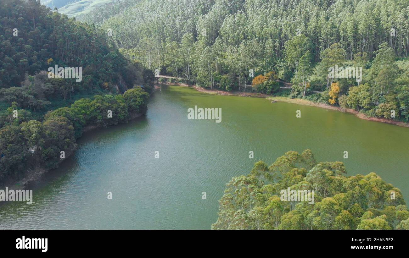 Aerial view beautiful nature with mountains and hills by Lake ...