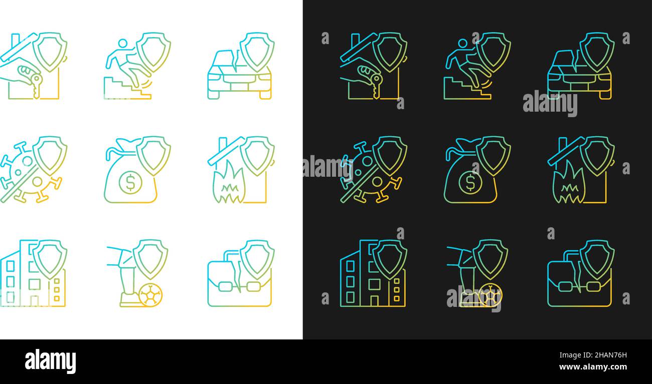 Accidents insurance policies gradient icons set for dark and light mode ...