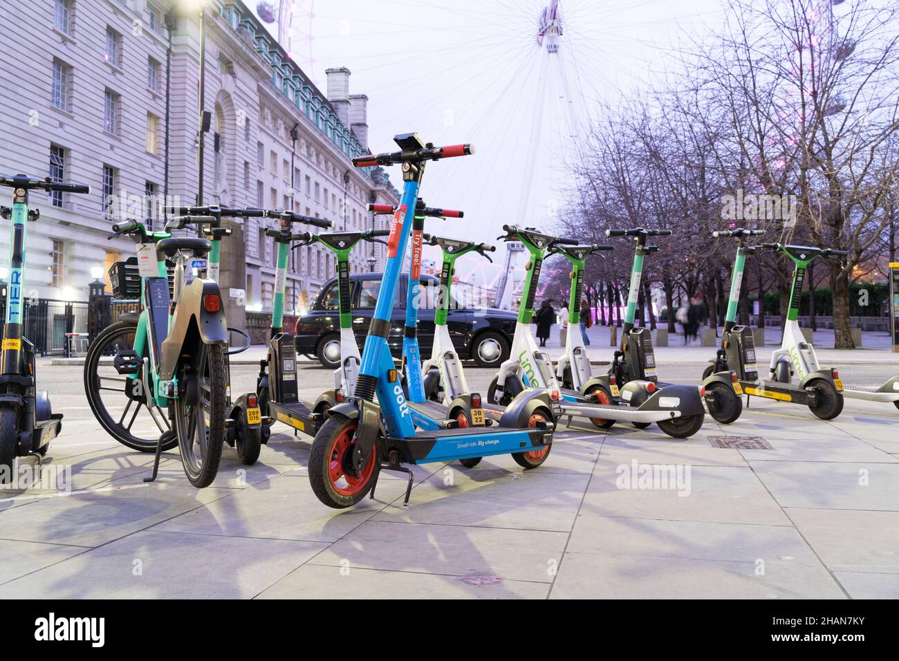 line of E-scooters rental at London South bank England UK Stock Photo ...