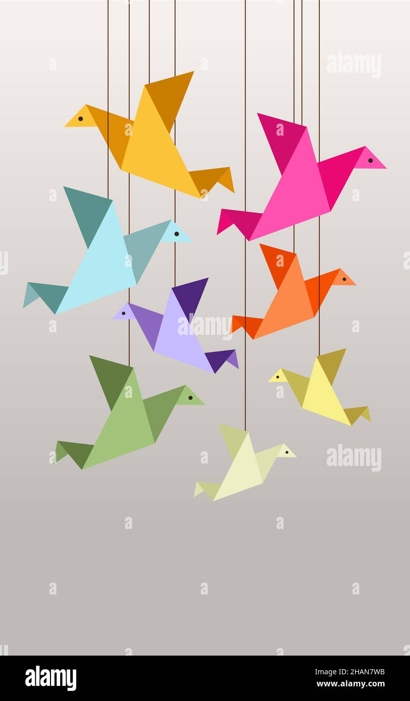 Illustration with set of colored origami birds Stock Photo - Alamy