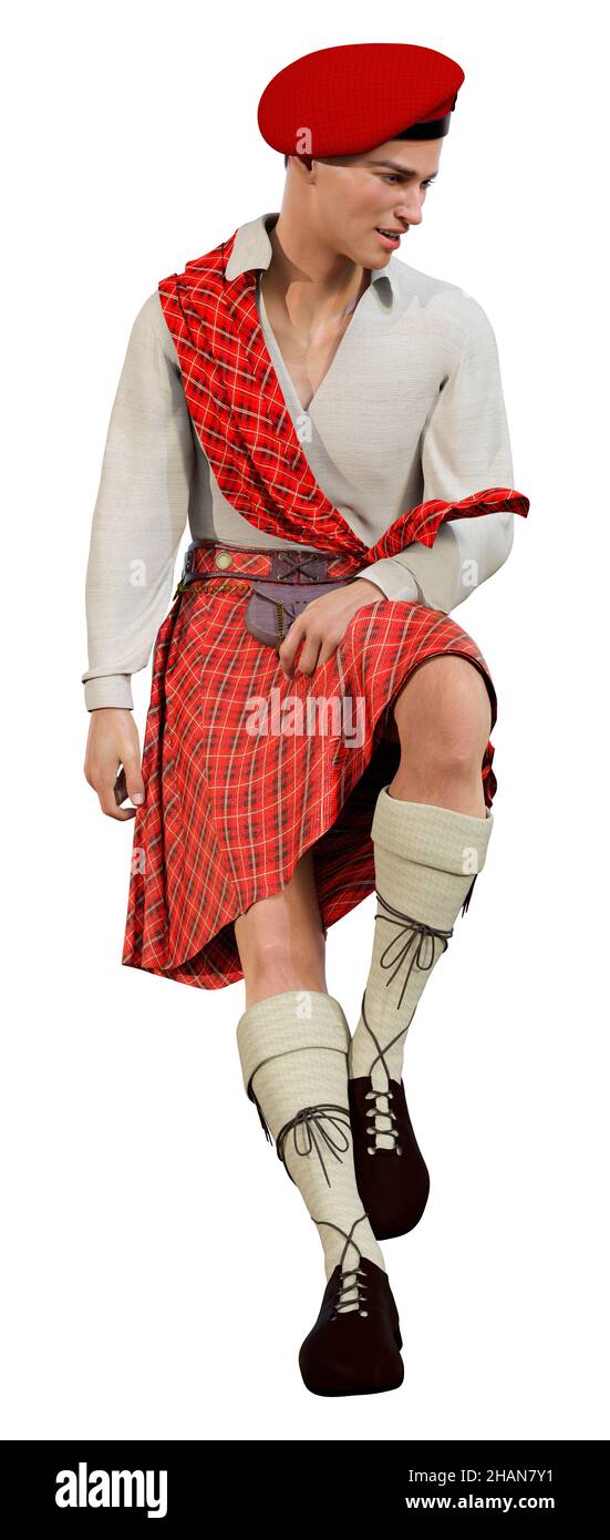 3D rendering of a young highlander wearing a traditional scottish kilt ...