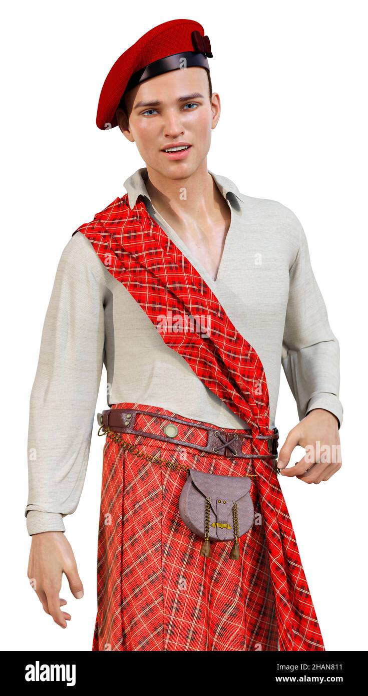 3D rendering of a young highlander wearing a traditional scottish kilt ...