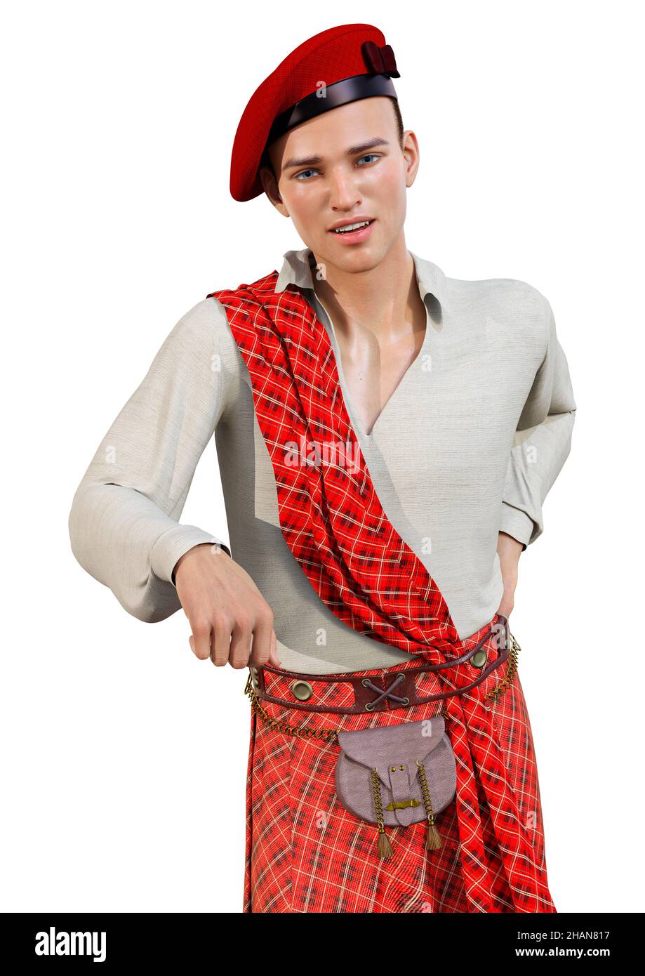 3D rendering of a young highlander wearing a traditional scottish kilt ...