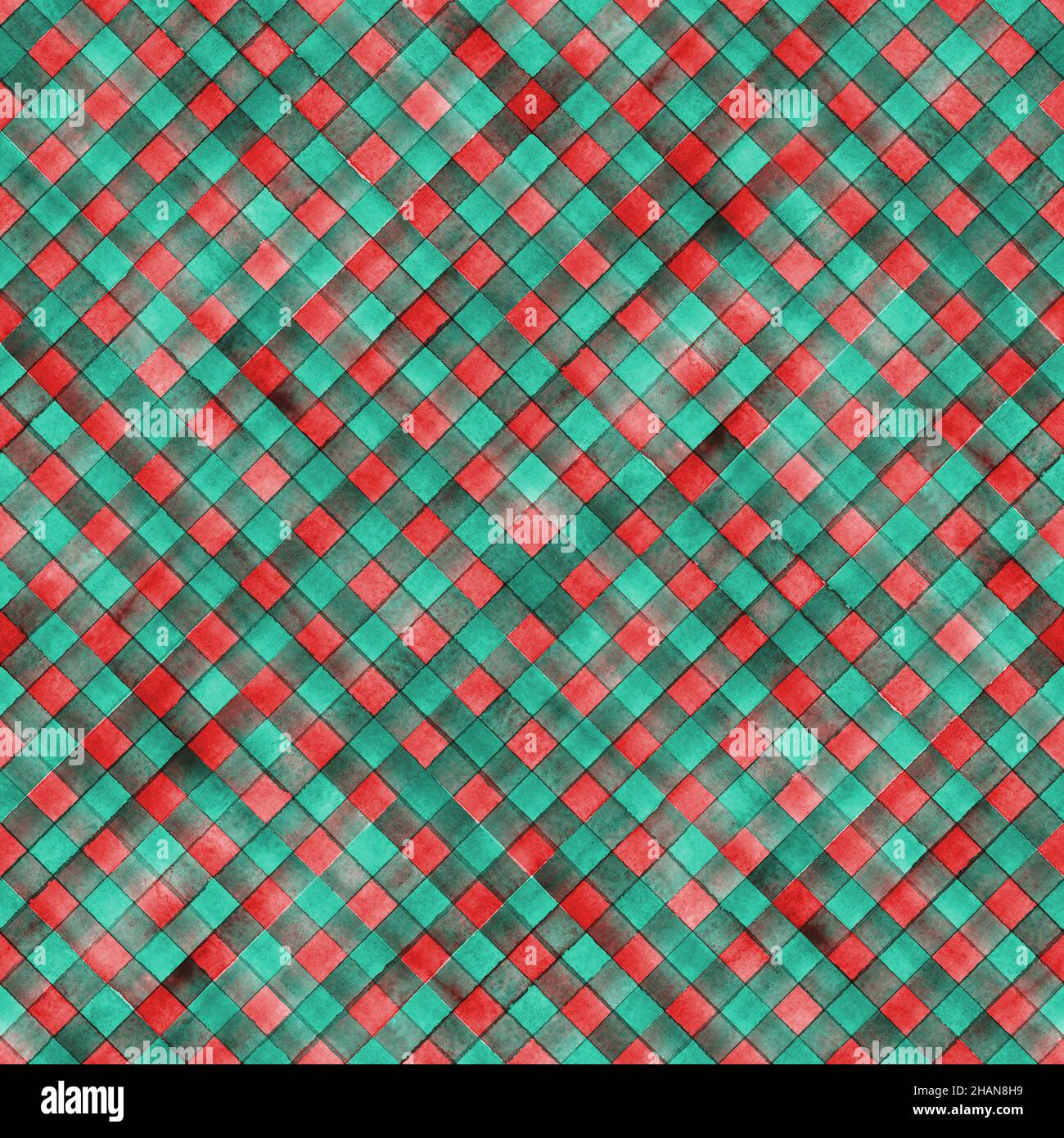 Watercolor stripe diagonal plaid seamless pattern. Colorful red and ...