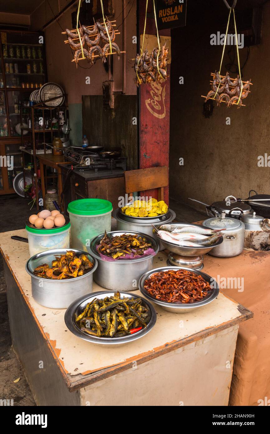Fish and shrimp in a roadside restaurant in the small town of Malekhu ...