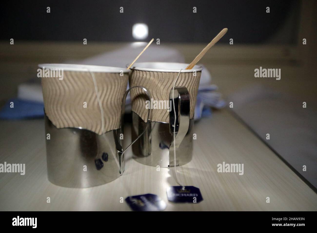 UKRAINE - DECEMBER 14, 2021 - Tea is served in paper cups placed in ...